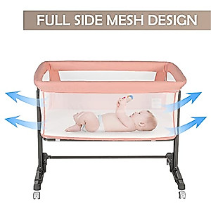 Kinder King Baby Bassinet w/Wheels, Folding Portable Newborn Bedside Sleeper, All-Sided Mesh Infant Crib, Adjustable Height/Angle, Removable Soft Mattress, No Tool to Assemble, Pink