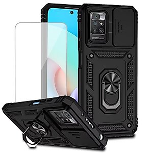 Yodueiv for Redmi 10 (2021/2022)/Redmi 10 Prime Case with Tempered Glass Screen Protector and Slide Camera Cover, Magnetic Ring Car Mount Holder Protective Cover for Xiaomi Redmi 10 2022 Black