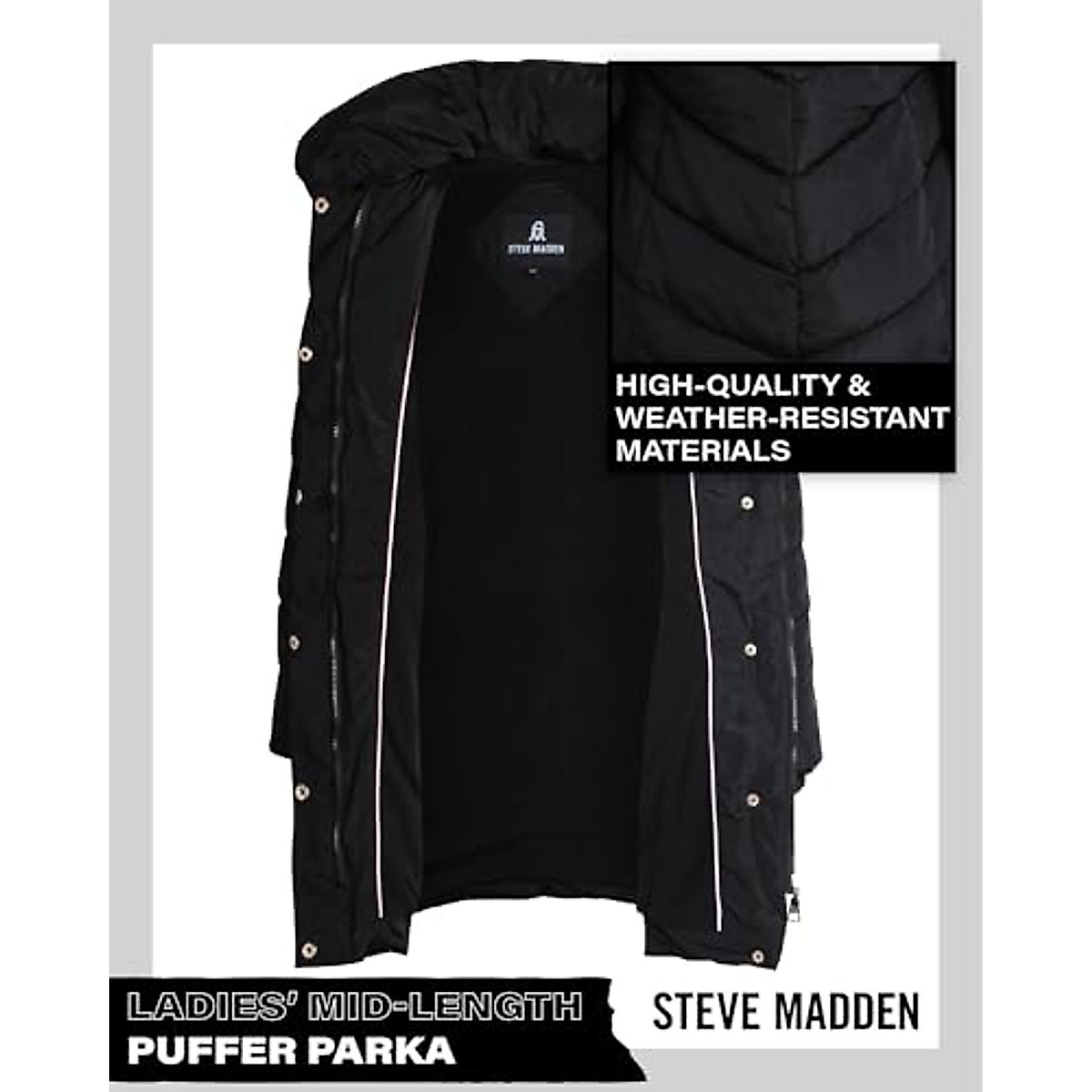 Steve Madden Women's Plus-Size Chevron Puffer Jacket, Black, 3X