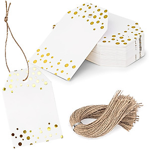 SallyFashion 40PCS Gold Stamped Dots Gift Tags, Shiny Gold Dots Present Tags Hang Tags with String for Wedding Gift Wrapping Birthday Party Favors