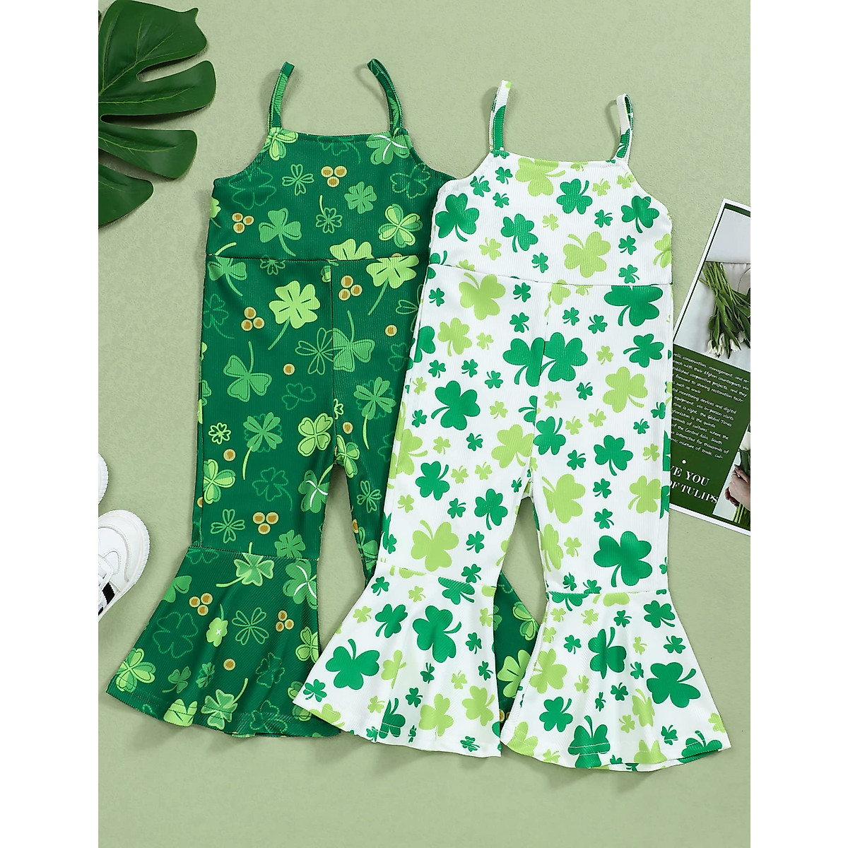 Sinda Toddler Baby Girl St. Patrick's Day Outfit Lucky Clover Print Sleeveless Bell-bottom Pants St.Patrick's Day Jumpsuit