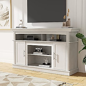 LGHM 58" TV Stand, Entertainment Center for 65 inch TV with Faux Marble Finish, Farmhouse White with Open Storage Shelves and Cabinets for Living Room, Bedroom