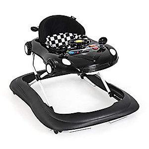 HONEY JOY Baby Walker, Foldable Seated Walker with Wheels, Adjustable Height, Steering Wheel w/Horn, Music & Lights, Removable Food Tray, Padded Seat, Car Walker for Baby Boy Girl Age 6 Months+