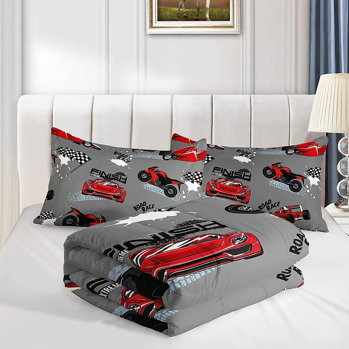 Axolotl Kid Comforter Set Twin Size,Racing Car Bedding Set for Boys Girls Teen Kids Children Car Racing Gifts,Race Cars Quilt Bed Set with 1 Comforter 2 Pillowcases,Red Grey