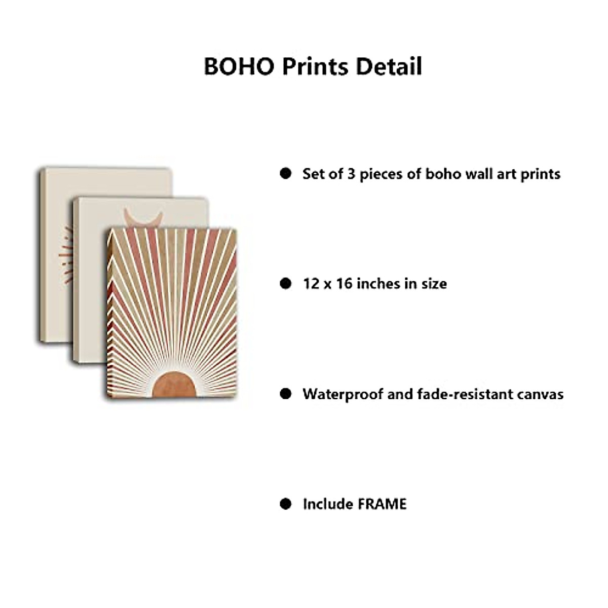 Boho Prints Sun Wall Art - Mid Century Moon Phase Canvas Paintings for Home Decoration Bohemian Framed Abstract Artwork 3PCS 12x16 Inches Pictures for Teens Bedroom Dorm Living Room Bathroom Painting