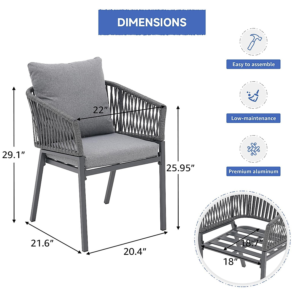 SUNSITT Patio Dining Chairs Set of 2, Outdoor Aluminum Dining Chairs with Woven Rope, All-Weather Patio Arm Chairs w/Cushions, Porch, Garden and Deck, Dary Grey
