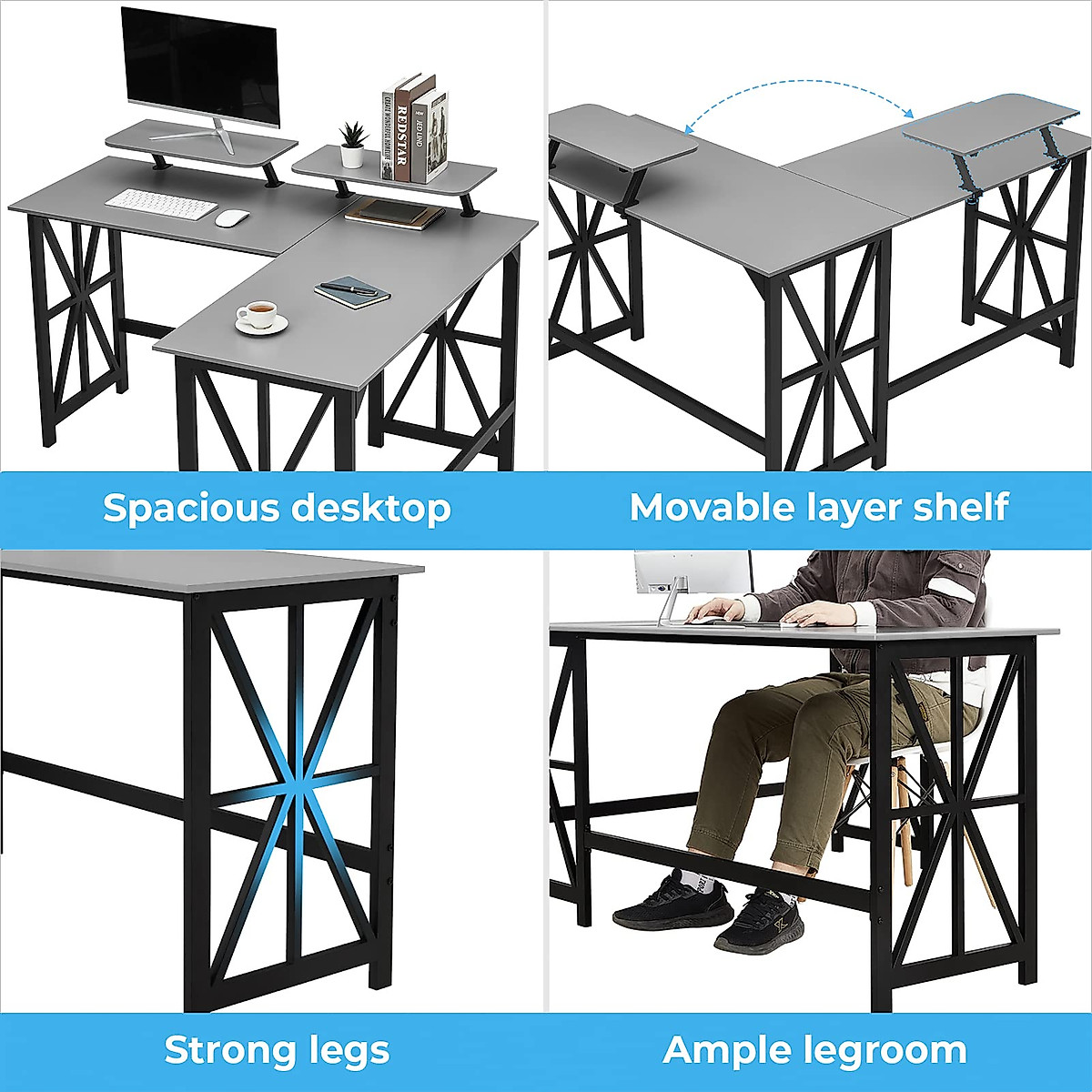 GreenForest L Shaped Desk with 2 Monitor Stand, 50.4 inch Reversible Corner Computer Desk for Home Office Study Gaming Workstation Crafting Table for Small Spaces Saving, Easy Assembly, Grey