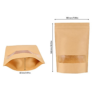 JEUIHAU 200 Pack 7 x 10 Inch Kraft Stand Up Pouch Bags, Kraft Zip Lock Stand Up Bags with with Resealable Zip Lock, Clear Window and Tear Notch for Food Nut Candy Snack Bean