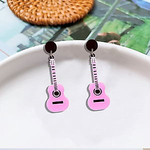 Acrylic Cute Music Bass Electric Guitar Earrings Charms Instrument Drop Dangle Jewelry Gifts for Women (Pink)