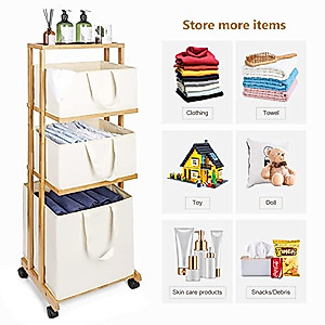 Homde Laundry Basket 3 Tier Bamboo Storage Shelf with Wheels Removable Storage Basket with Handle Freestanding Clothes Hamper Organizer for Bathroom Living Room Bedroom