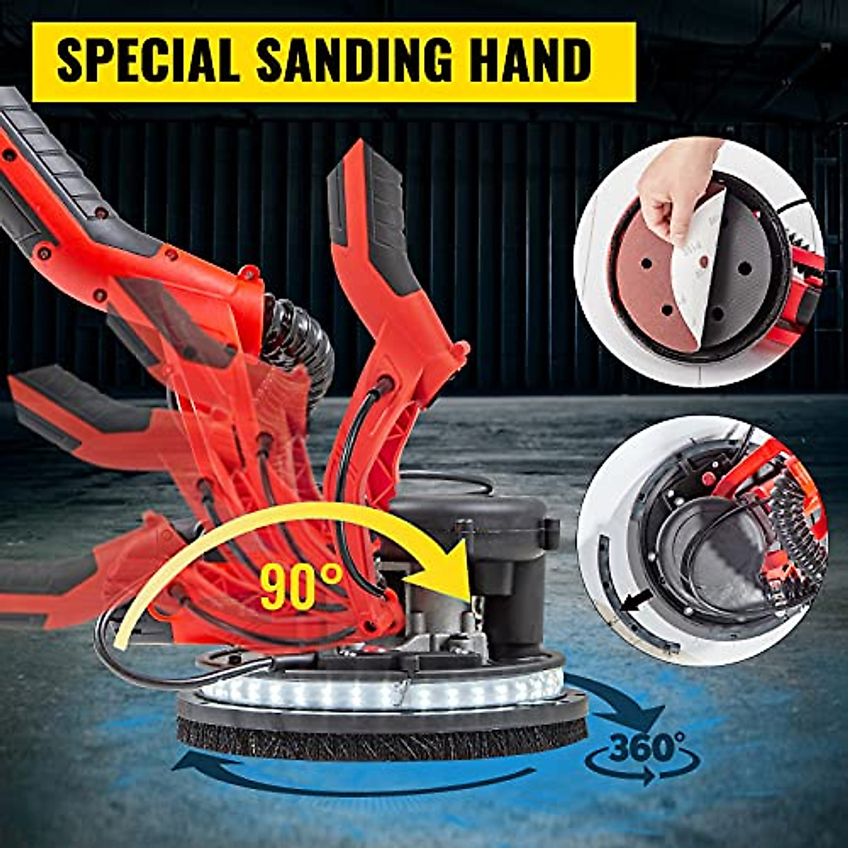 Mophorn Drywall Sander 850W, Electric Drywall Sander, Variable Speed 800-1750 RPM, Foldable Sheetrock Sander, with Telescope Handle, Electric Sander, with LED Strip Light and Vacuum Bag, Wall Sander