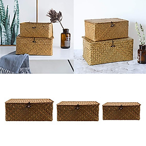 SM SunniMix Rectangular Handwoven Seagrass Storage Basket with Lid for Shelves and Home Organizer Bins for Toys, Books, Laundry, Clothes and More - S