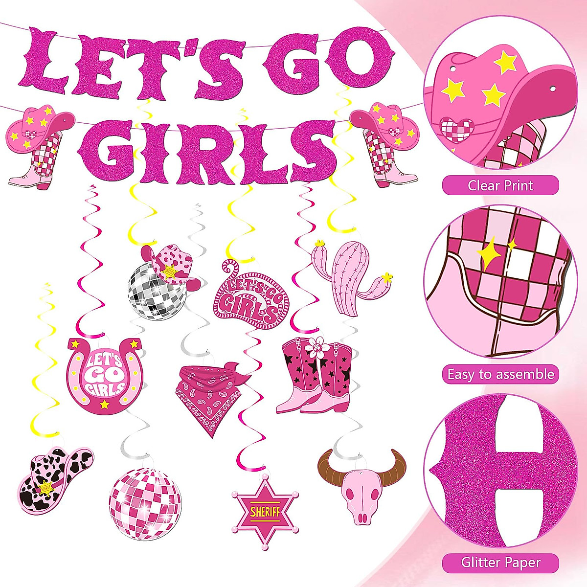 Epakh 35 Pcs Let's Go Girls Cowgirl Party Decorations Pink Western Birthday Decors Disco Bachelorette Party Bridal Shower Supplies Include Let's Go Girls Banner Hanging Swirls Lights for Women Girls