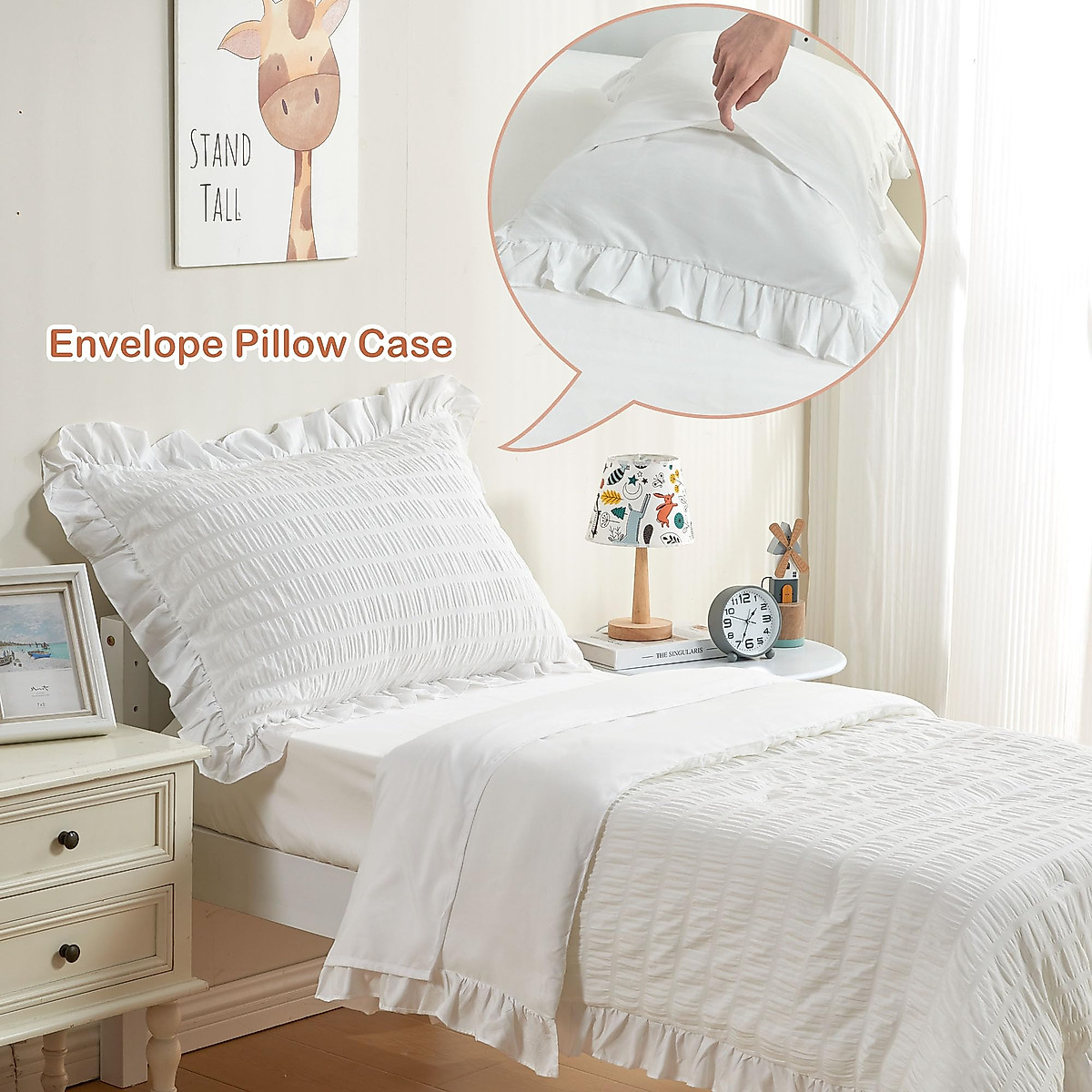 VIVILINEN Toddler Bedding Set for Girls 4-Piece White Seersucker Toddler Comforter Set Ruffle Fringe Bed-in-a-Bag Toddler Bed Sheet Set for Kids with Comforter, Flat Sheet, Fitted Sheet, Pillowcase