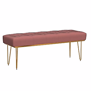 Kingfun Velvet Bedroom Bench with Gold Base&Metal Legs, Tufted Upholstered End of Bed Bench, Indoor Benches for Entryway Dining Living Room Window, Accent Ottoman Bench long Seat Foot Rest Stool(Pink)