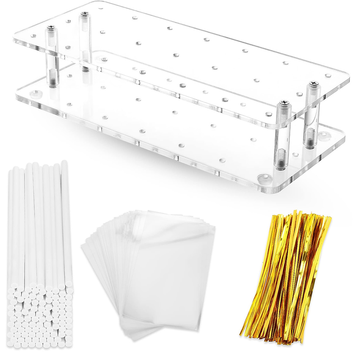 Goabroa Cake Pop Display Stand with 100 PCS Cake Pop Sticks and 100 PCS Wrappers Kit, 21 Holders Clear Acrylic Cakepop Making Accessories for Weddings Baby Showers Halloween