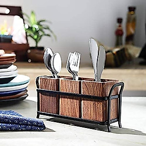 Wooden Cutlery holder Wrought Iron Spoons Stand For Dining Table, multipurpose Holder with 3 Wooden Jar(Black & Brown), 25.4x7.6x10.2 Centimeters