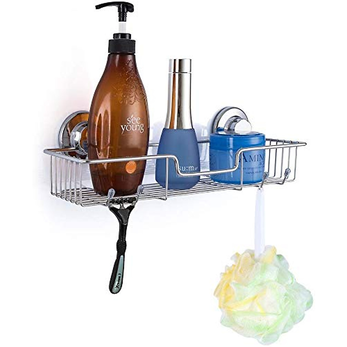 SANNO Powerful Vacuum Suction Cup Shower Caddy/Two Suction Hooks Basket for Shampoo Combo Organizer Basket Stainless Steel Holder for Bathroom Storage Stainless Steel (Set of 3)