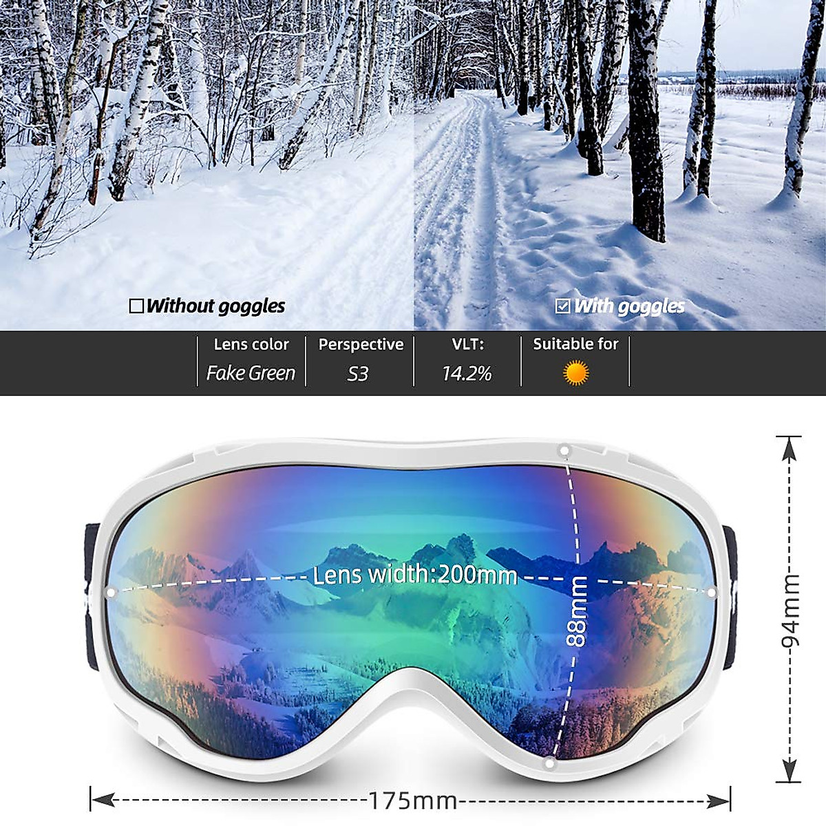 HUBO SPORTS Ski Snow Goggles for Men Women Adult,OTG Snowboard Goggles of Dual Lens with Anti Fog for UV Protection for Girls(WBPGreen)