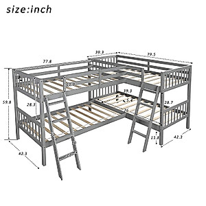 Harper & Bright Designs L-Shaped Twin Size Bunk Bed and Loft Bed, Solid Wood Twin Bunk Bed Loft Bed with Guardrail and Two Ladders for 4 Person (Grey)