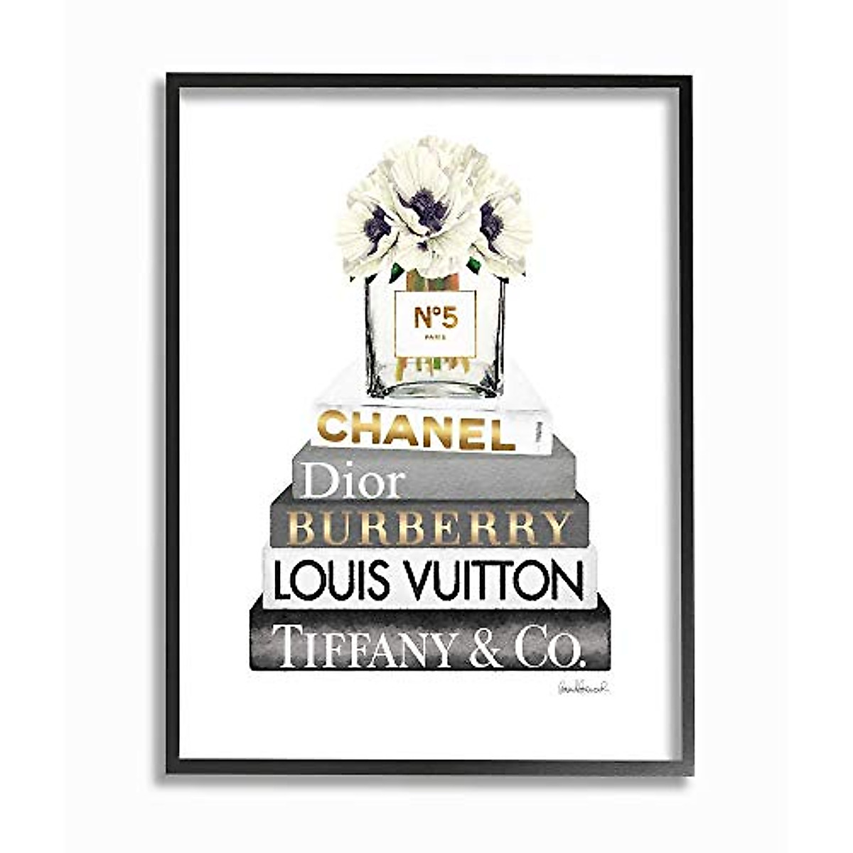 Stupell Industries Blooming White Floral Display on Glam Designer Bookstack Wall Art, 11 x 14, Black Framed