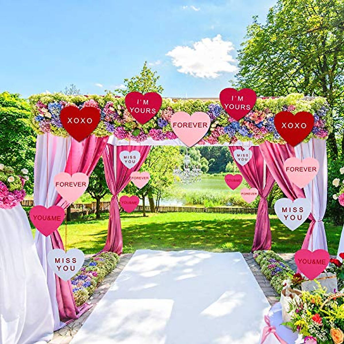 Tatuo 24 Pieces Valentine's Day Conversation Heart Felt Garland Heart Shaped Hanging Garland Yard Sign Outdoor Lawn Decoration with Red Ribbon for Valentine's Day Wedding Parties Decorations
