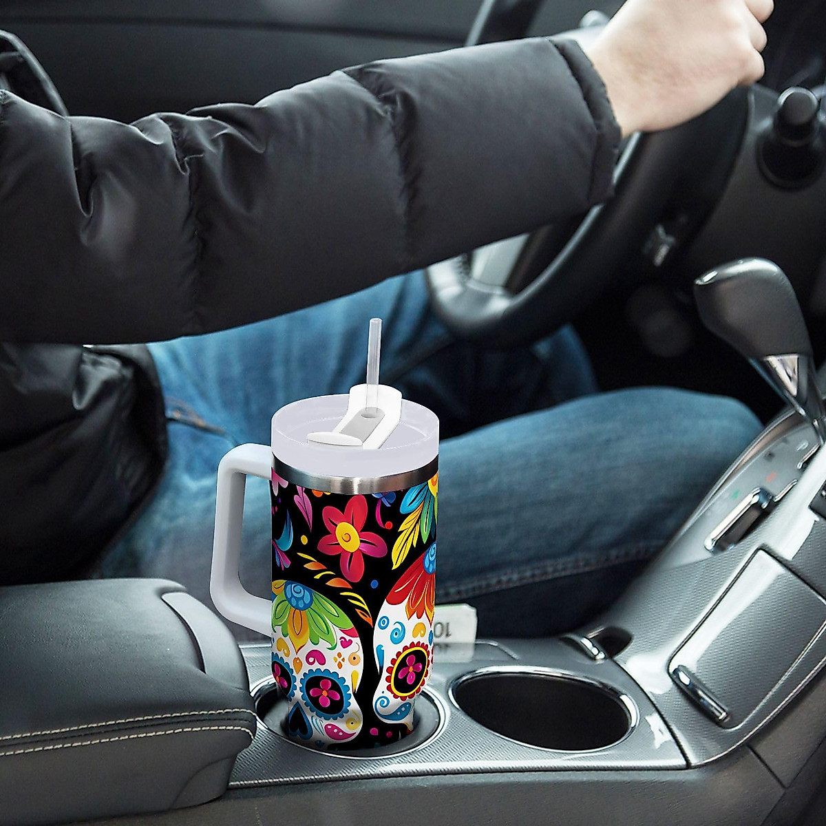 ALAZA Sugar Skull Day Of Dead 40 oz Tumbler Stainless Steel Water Bottle Vacuum Insulated Cup with Straw Lid & Handle For Travel Car Cup Holder