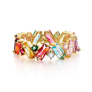 Kemstone Colorful Dainty Cubic Zirconia Rainbow Square Zircon Statement Ring for Women