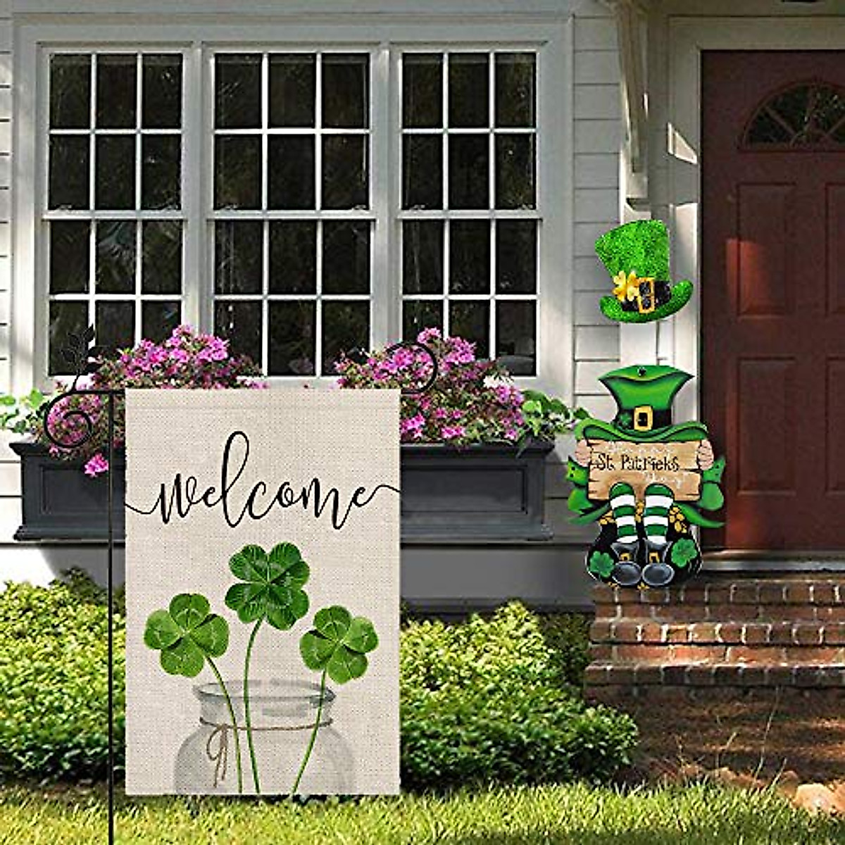 CROWNED BEAUTY St Patricks Day Garden Flag 12x18 Inch Double Sided for Outside Small Burlap Green Shamrocks Clovers Welcome Yard Holiday Flag