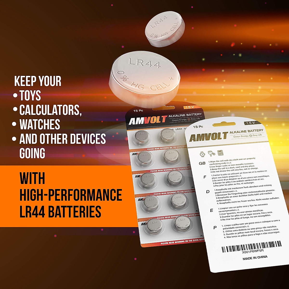 AmVolt- Pack of 15 LR44 Batteries AG13 SR44 357 303 Premium Alkaline Non Rechargeable Button Battery, 1.5 Volt Small Batteries for Watches Clocks & Electronic Devices