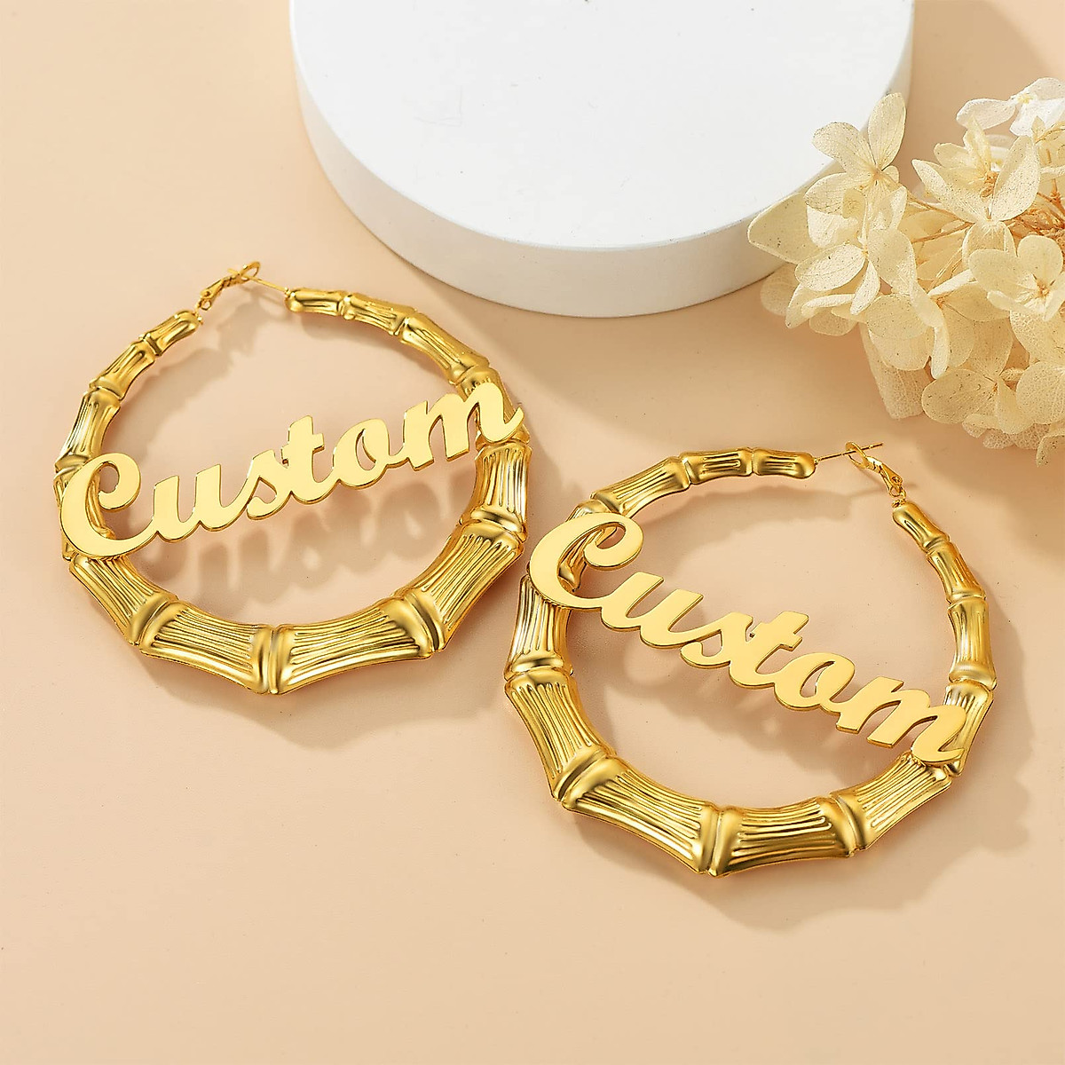 Custom4U Personalized Gold Hoop Earrings with Name Custom Bamboo Elegant Earrings Memory Jewelry Gifts for Women