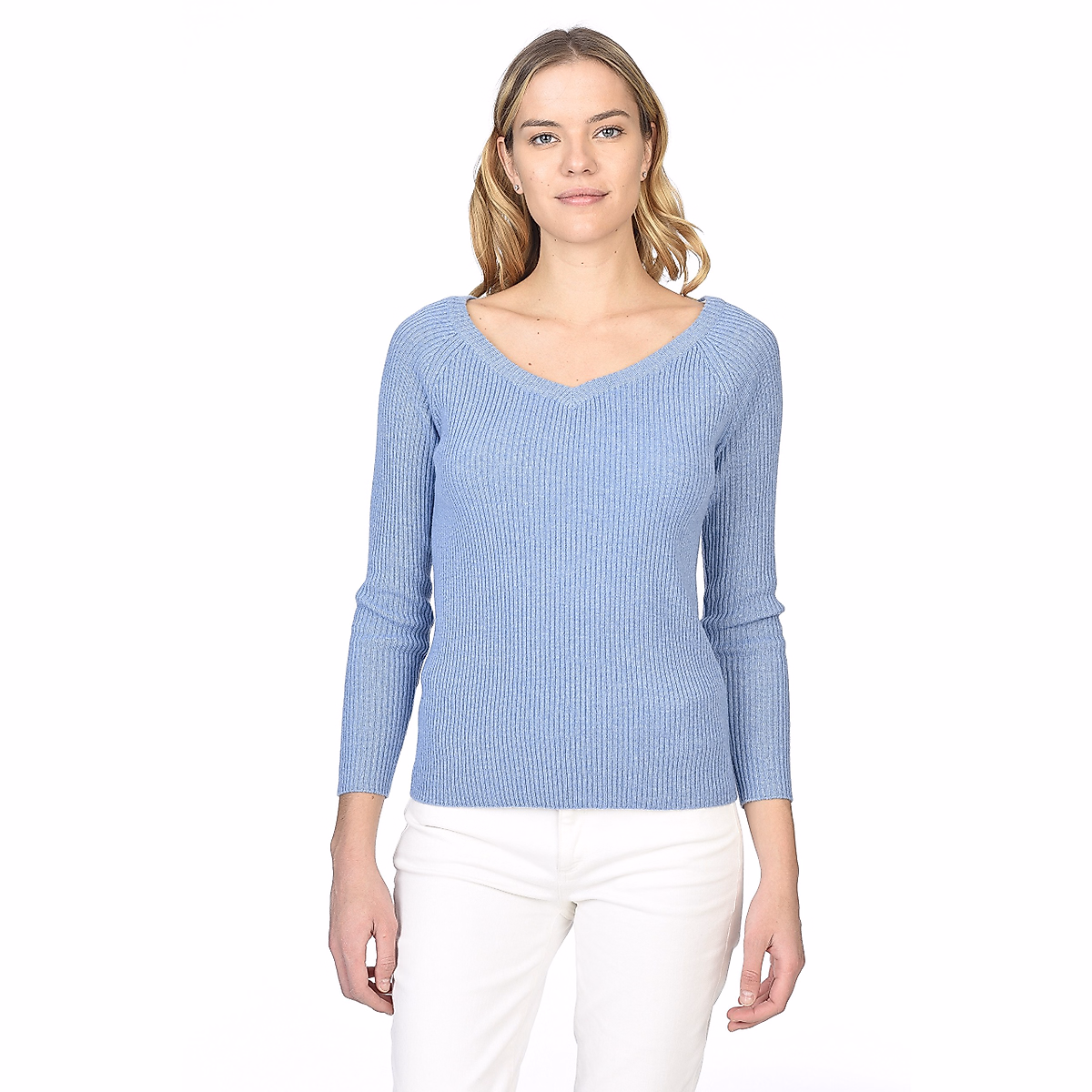 State Cashmere Women’s Easy V-Neck Ribbed Sweater 100% Pure Cashmere 3/4 Sleeve Pullover (Bella Blue, Large)