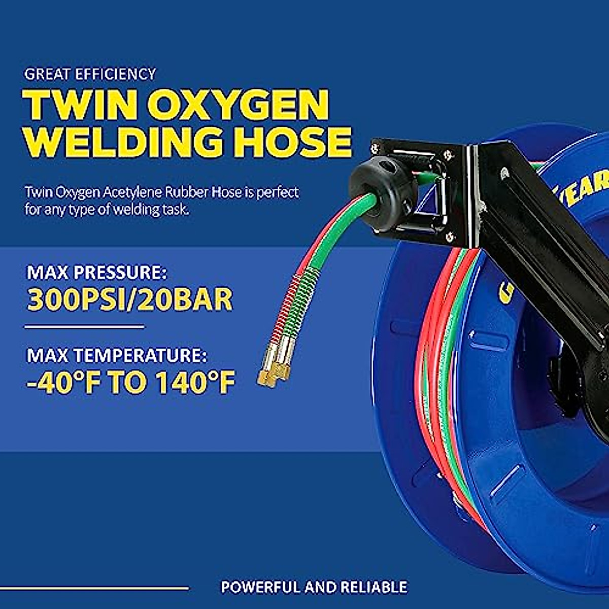 Goodyear Welding Hose Reel Retractable 1/4" Inch x 50’ Foot Twin Oxygen Acetylene Rubber Hoses STD Duty Max 300PSI Heavy Duty Industrial Single Arm Construction