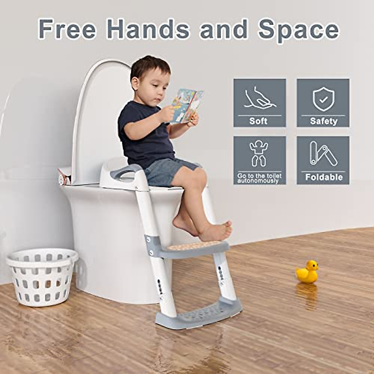 GLAF Potty Training Toilet Seat for Toddler Boys and Girls with Step Stools Ladder Potty Chair 2 in 1 Adjustable Kids Potty Seat with Anti-Slip Pads Comfortable Cushion (Grey)