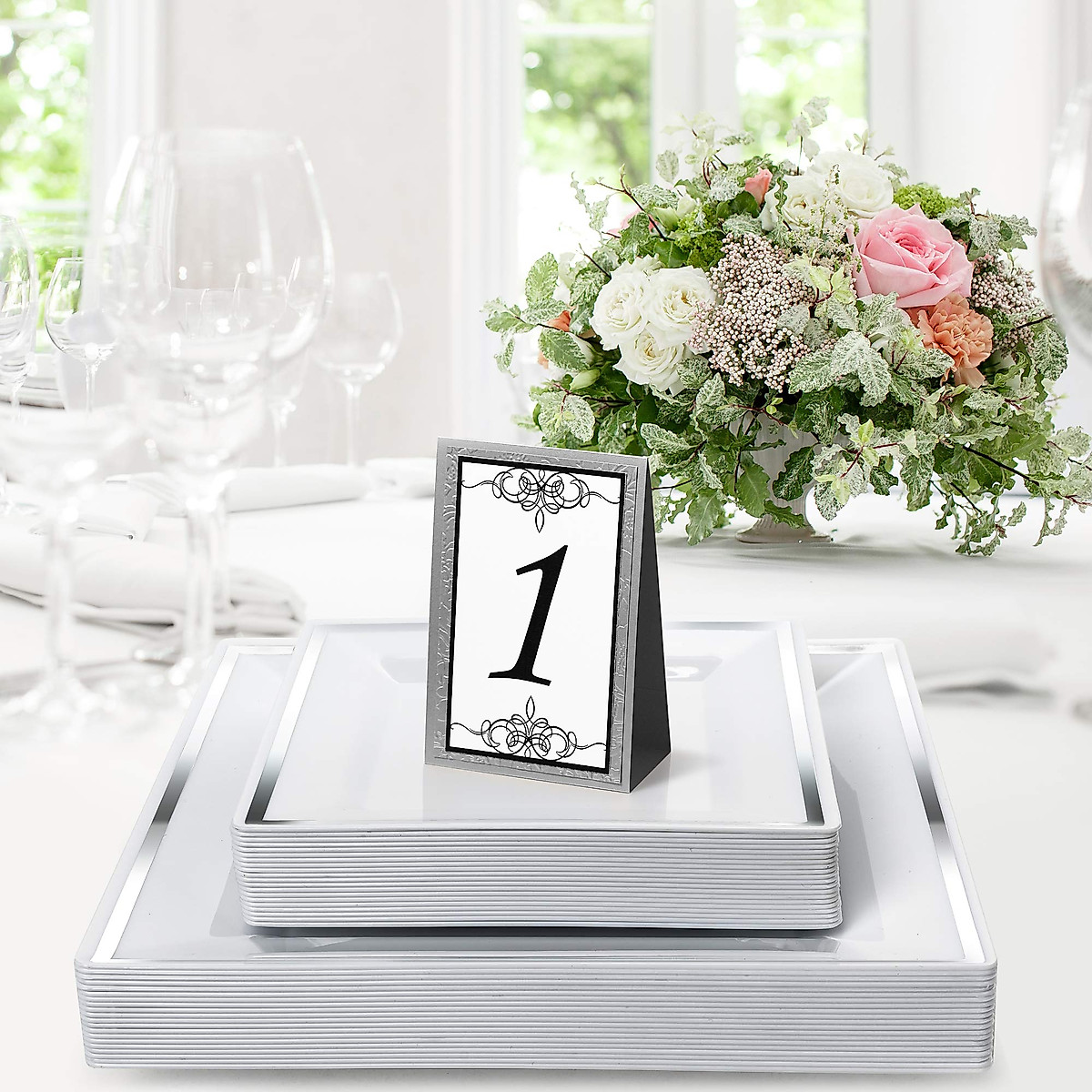 MATANA 40 Fancy White Plastic Plates for Party with Silver Rim - Heavy Duty Square Dinner Plates 9.5" Inch x 20, Salad & Dessert Plates 6.5" Inch x 20 for Wedding Reception, Birthday Parties & Events