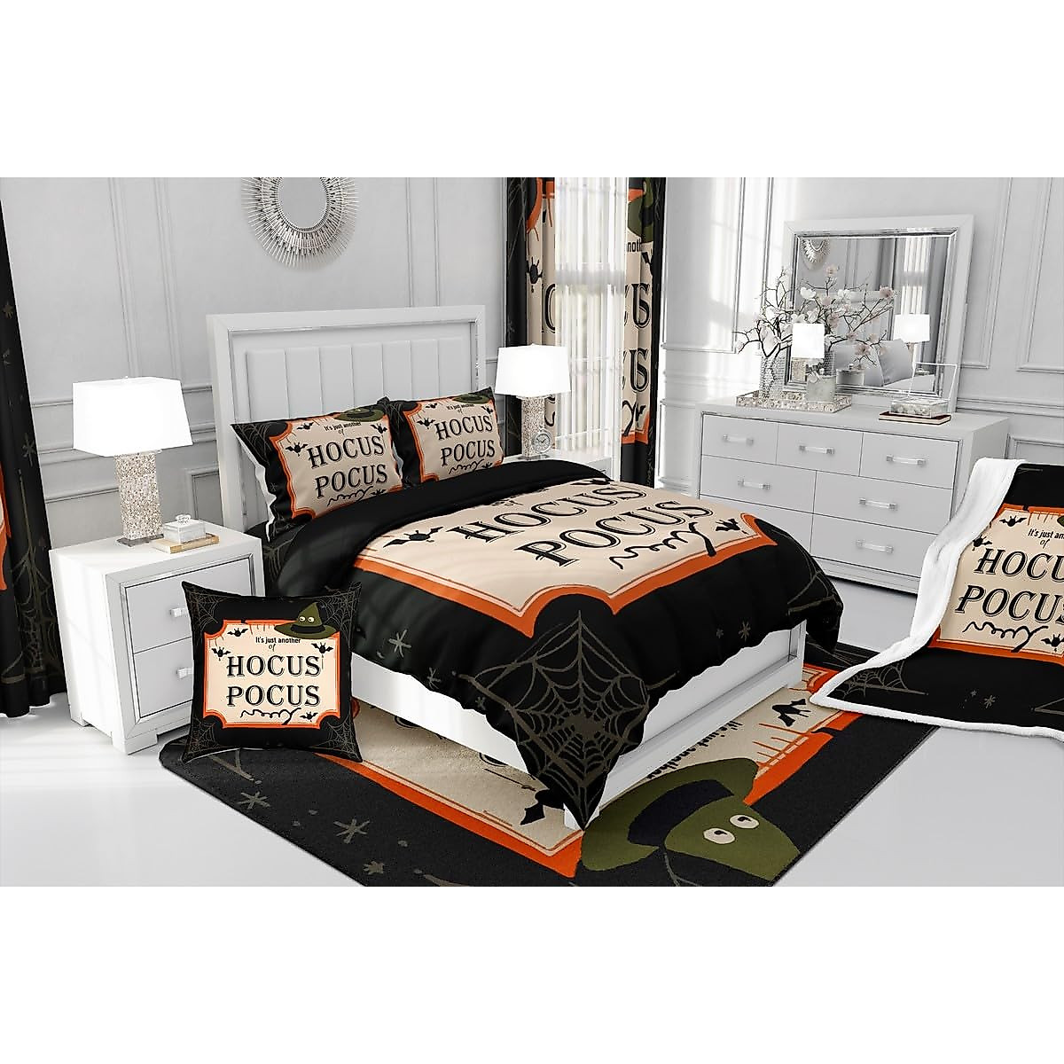 Feelyou Happy Halloween Duvet Cover Set Queen Size Hocus Pocus Bedding Set for Kids Boys Girls Teens Magic Hat Comforter Cover Set Bat Bedspread Cover 3Pcs