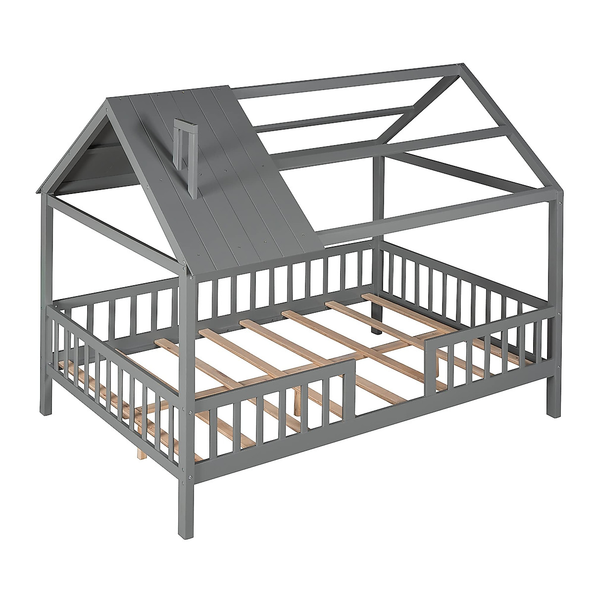 SOFTSEA Full Size House Bed with Storage Drawers, Wood Bed Frame with Guardrails and Slide Ladder, House Shaped Bed for Kids, No Box Spring Needed, White