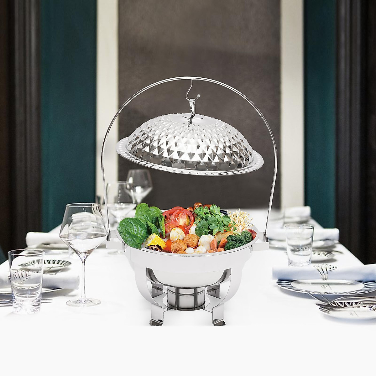 Chafing Dish Buffet Set Gold/Silver,4.5L Round Stainless Steel Chafer, Buffet Servers and Warmers Set Warming Tray for Wedding, Parties, Banquet, Events (Silver)