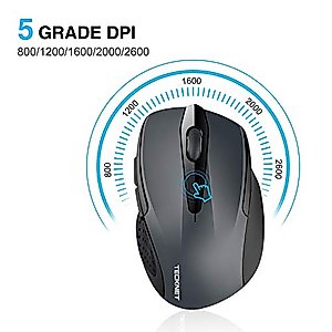 TECKNET Wireless Mouse, 2.4G Ergonomic Optical Mouse with USB Nano Receiver for Laptop, PC, Computer, Chromebook, Notebook, 6 Buttons, 24 Months Battery Life, 2600 DPI, 5 Adjustment Levels