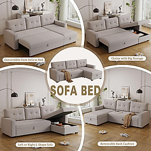 Acosure 82" Sectional Small Sofa with Pull Out Bed,L-Shape Upholstered Sleeper Couch W/Storage Chaise,Tufted Backrest Design,3 Seat Linen Convertible Sofas for Living Room Apartment Office,Beige