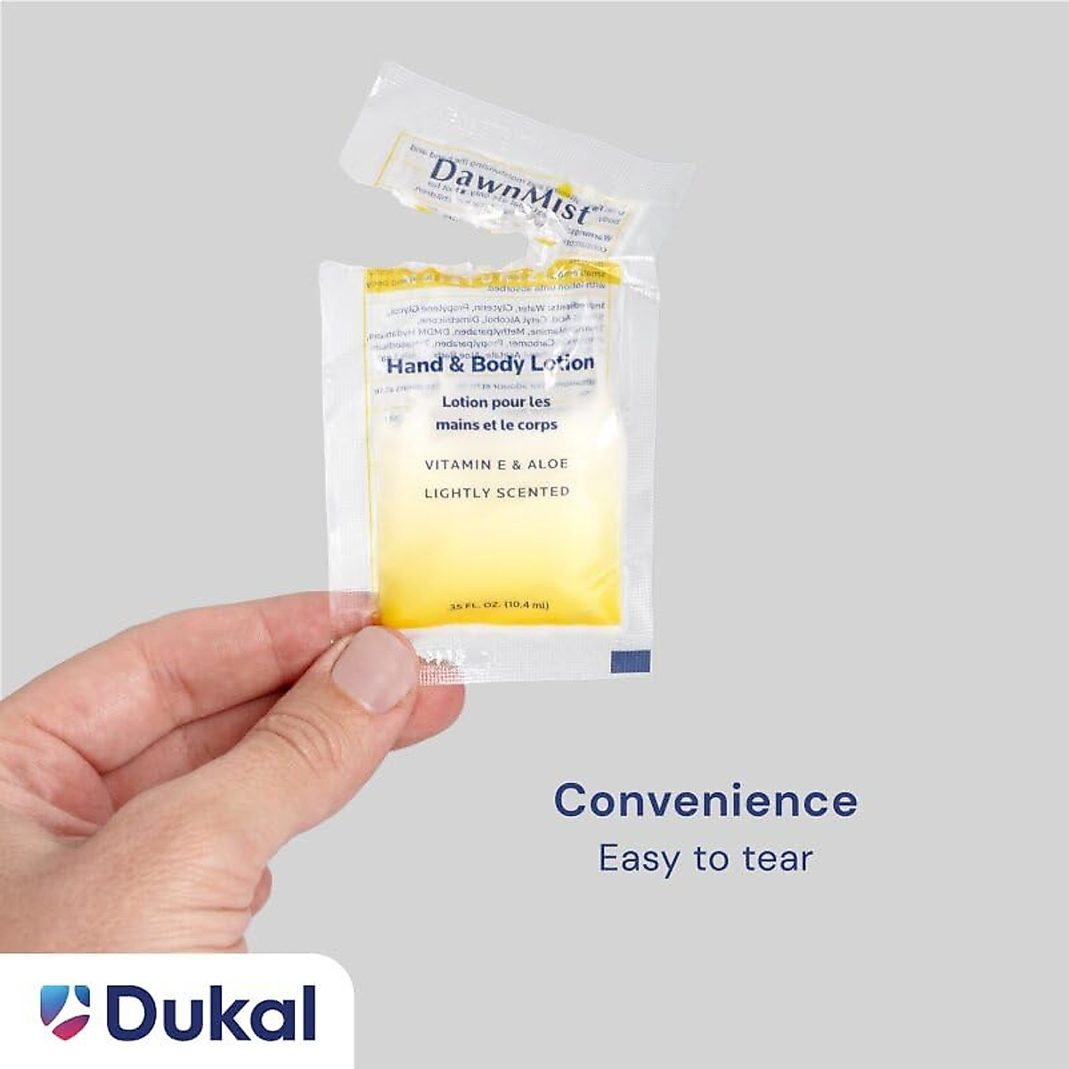 Dukal Moisturizing Lotion. Pack of 100 Hand & Body Lotion. Mild Coconut Fragrance Contains Aloe, Vitamin E, Alcohol-free formula Moisture Loss Prevention 0.35 oz Single-Use Packet. Scented Body Lotion