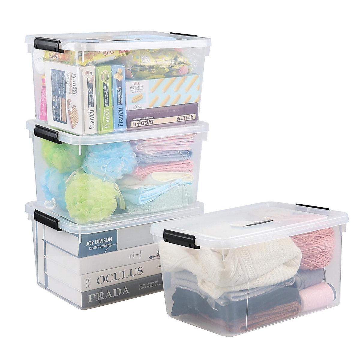 Fabnati 4-Pack 17.5 L Plastic Latching Storage Box, Clear Storage Bin with Handle