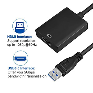USB to HDMI Adapter Cable Compatible with Windows 10/8/7/XP,USB 3.0/2.0 to HDMI HD 1080P Multi-Display Audio Video Graphics Converter Cord for Computer,Laptop,PC,Desktop,HDTV,Monitor,Projector