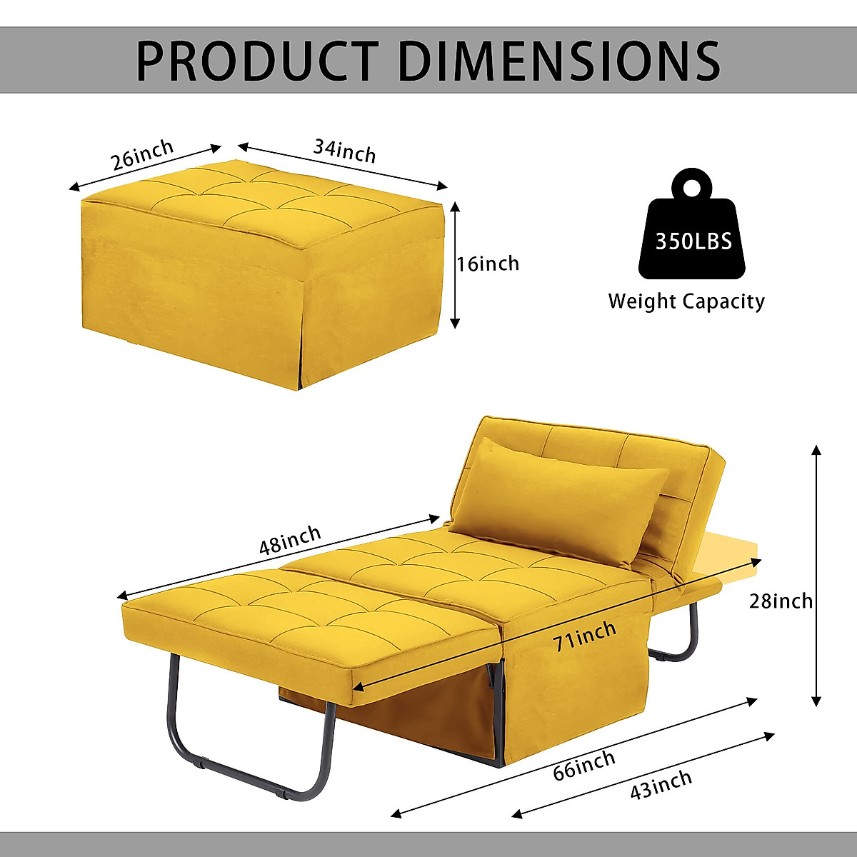 Sofa Bed, 4 in 1 Multi-Function Folding Ottoman Breathable Linen Couch Bed with Adjustable Backrest Modern Convertible Chair for Living Room Apartment Office, Yellow