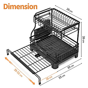 Urackify Extendable Dish Drying Rack, 2-Tier Dish Rack for Kitchen Counter, Large Expandable Dish Drainer Over Sink, 3 in 1 Multifunction Dish Strainer with Drainboard & Cups Holder, Black