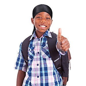 SATINIOR 6 Pieces Kids Satin Silk Durag Caps Wave Wide Strap Headwraps Long Tail Turban Beanies for Boys Girls, Multicoloured, Medium