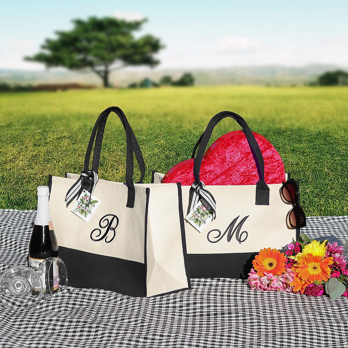 VANESSA ROSELLA Monogram Tote Bag with 100% Cotton Canvas and a Chic Personalized Monogram (Black Script Letter - M)