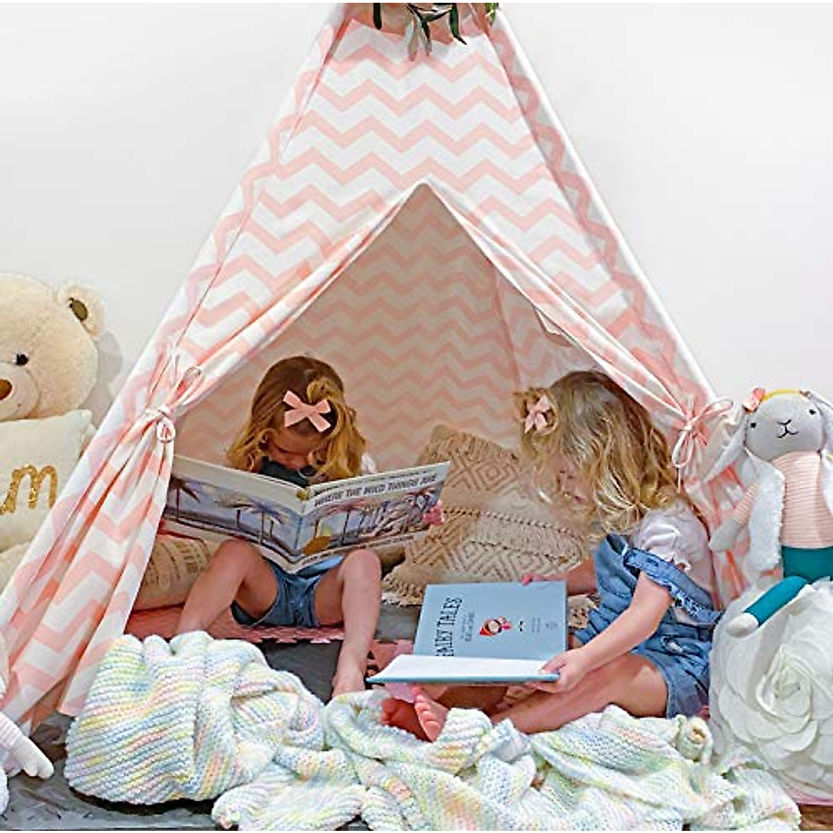 Tiny Land Kids Teepee with Mat and Star Lights, Teepee Tent for Girls Aged 3+, Cotton Girls Play Tent, Foldable Toddler Tent Indoor, Best Gift for Girls (Pink)