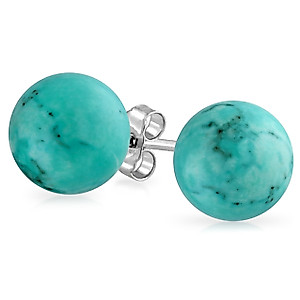 Minimalist Simple Plain Gemstone Blue Stabilized Turquoise Round Ball Stud Earrings For Women .925 Sterling Silver 8 MM