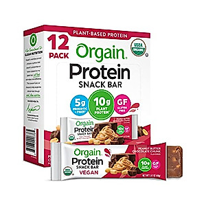 Orgain Organic Plant Based Protein Bar, Peanut Butter Chocolate Chunk - 10g of Protein, Vegan, Gluten Free, Non Dairy, Soy Free, Lactose Free, Kosher, Non-GMO, 1.41 Ounce, 12 Count(Packaging May Vary)